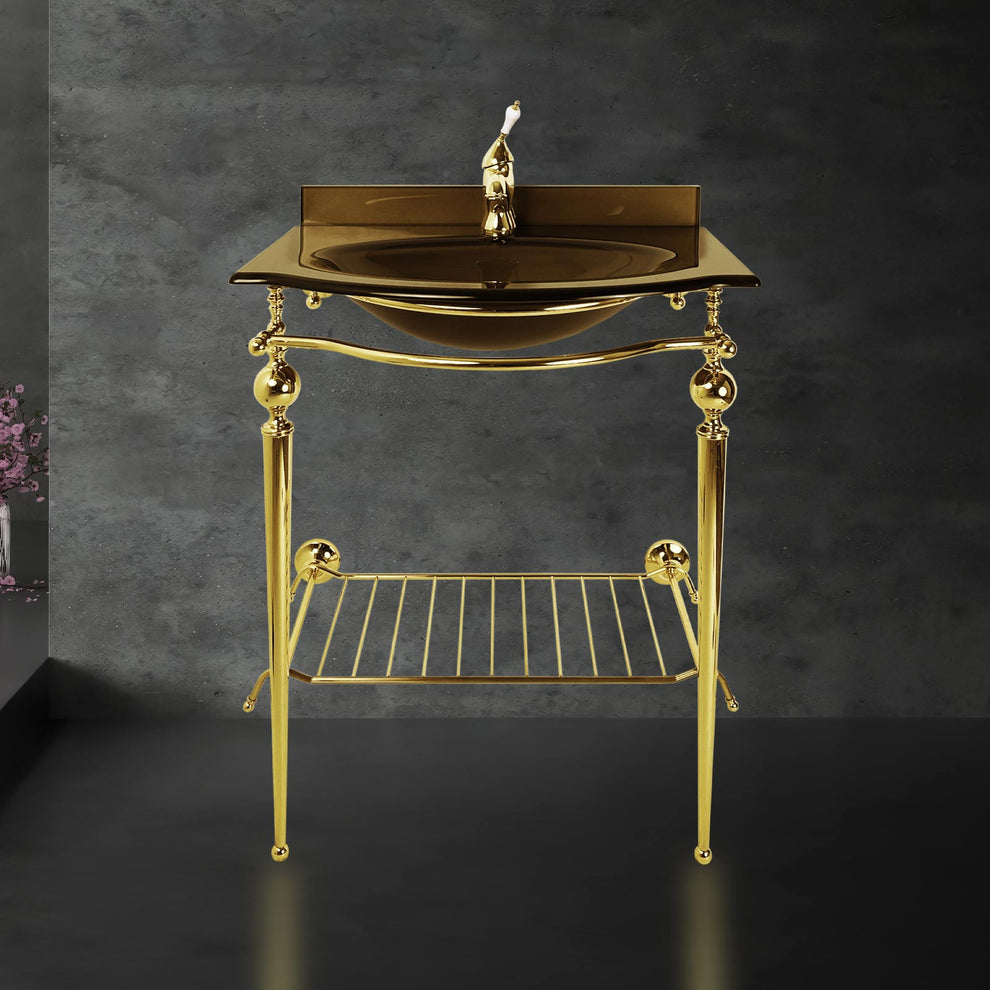 Bathroom Console with Bronze Glass Basin and Brass Frame | Ghidini 1849